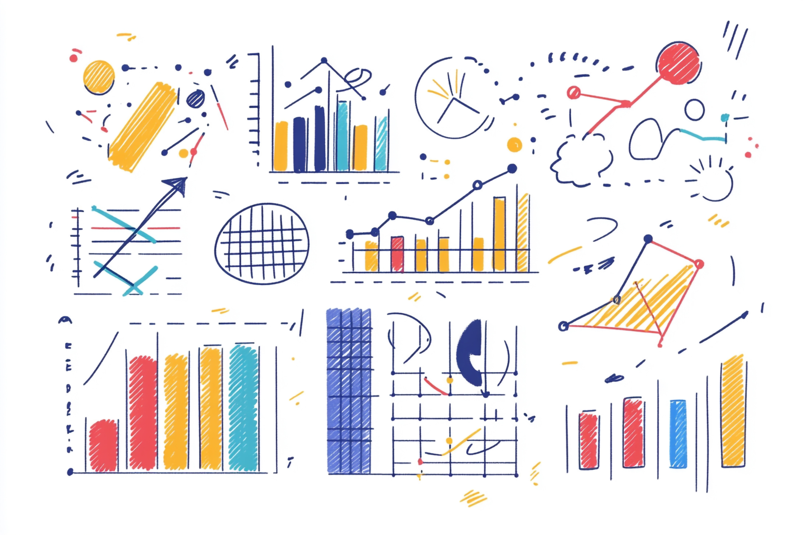 Colorful hand drawn charts graphs and diagrams business data ...